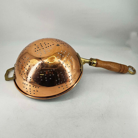 Artisan | Kitchen | Vintage Copper Brass Colander With Wooden Handle ...